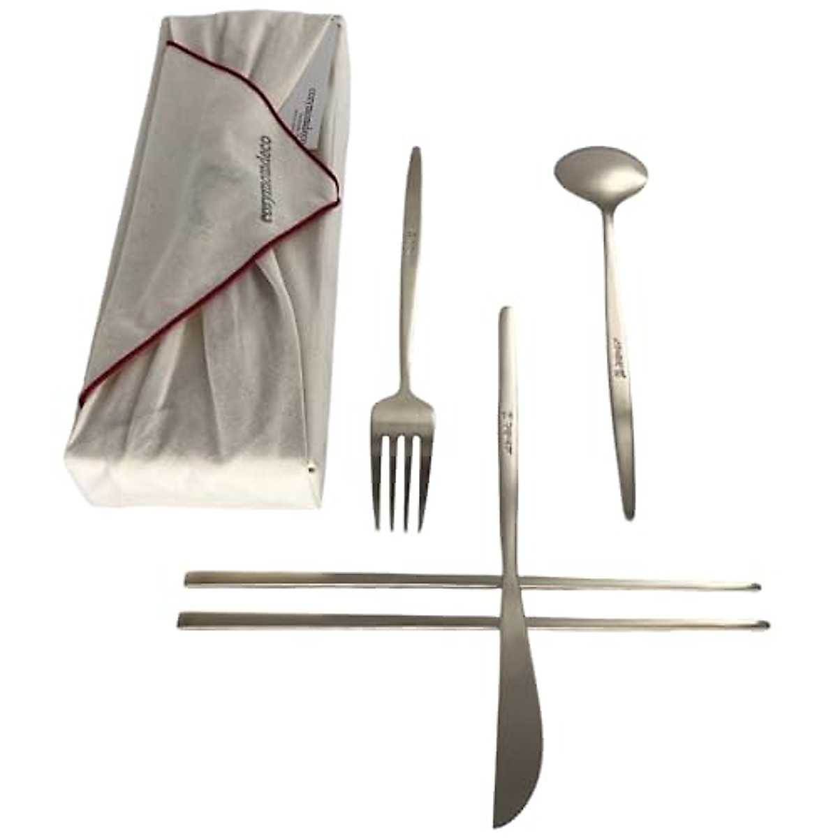 cozymomdeco Korean Made Traditional Premium Utensil Flatware Luminous Gold, Brass, 1SET, Fork, Knife, Spoon, Chopsticks with Furoshiki Wrapping