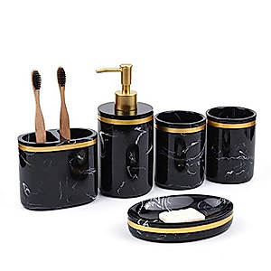 Gold Trim Resin Bathroom Accessories Set, 5 Piece Bathroom Sets Includes Soap Dispenser Pump, Divided Toothbrush Holder Pump, 2 Rinsing Cup, Soap Dish (Black)