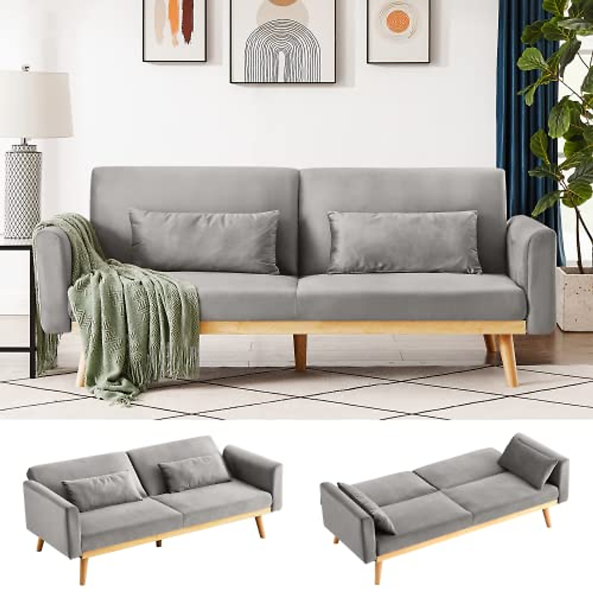 AWQM Velvet Futon Sofa Bed, Memory Foam Couch Set, Upholstered Modern Daybed Convertible Folding Loveseat Recliner with Pillows and Wooden Frame for Compact Living Room, Apartment, Dorm, Office (Grey)