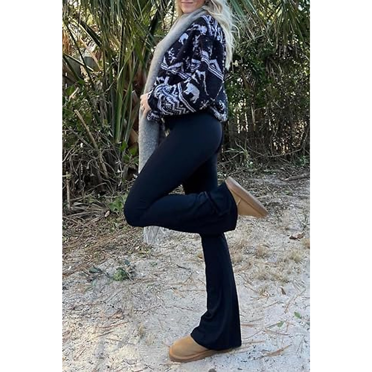 Sunzel Flare Leggings, Crossover Yoga Pants with Tummy Control, High Waisted and Wide Leg, No Front Seam Black Large 30" Inseam