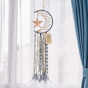 Dremisland Blue Dream Catcher Handmade Half Circle Moon Design Dream Catcher Feather Hanging with Star Home Decoration Ornament Festival Gift (Moon& Star)