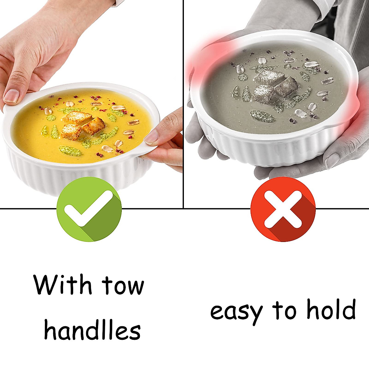 Mezchi 6 Pack Porcelain Ramekins with Handles, 14 Oz Ceramic Creme Brulee Souffle Baking Dishes Bowl, French Onion Soup Bowls for Ramen, Stew, Lava Cakes, Dishwasher, Oven, Microwave Safe, White