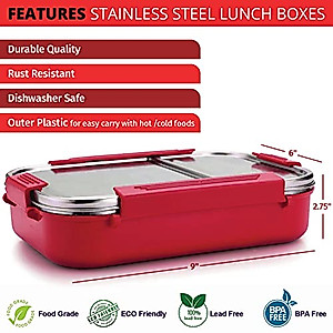 Signoraware Stainless Steel Bento Box Adult Lunch Box For Men, Women, Kids Bento Lunch Box Leak Proof Between 2 Compartments Meal Prep Containers Lunch Containers For Adults And Kids School Red