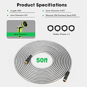 VIVOGROW Metal Garden Hose 50ft, Stainless Steel Water Hose with Brass Fittings & 10-Function Nozzle, Tangle Free & Crush Proof, Flexible Bionic Hose for Garden Watering, Pet Bathing, Car Washing