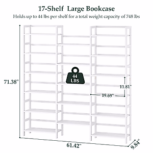 Homykic Bamboo Triple Wide Shallow Bookshelves and Bookcases, 6-Tier 6ft Tall Bookshelf with 17 Open Display Shelves, Super Large Freestanding Book Shelf for Home Office, Bedroom, Living Room, White