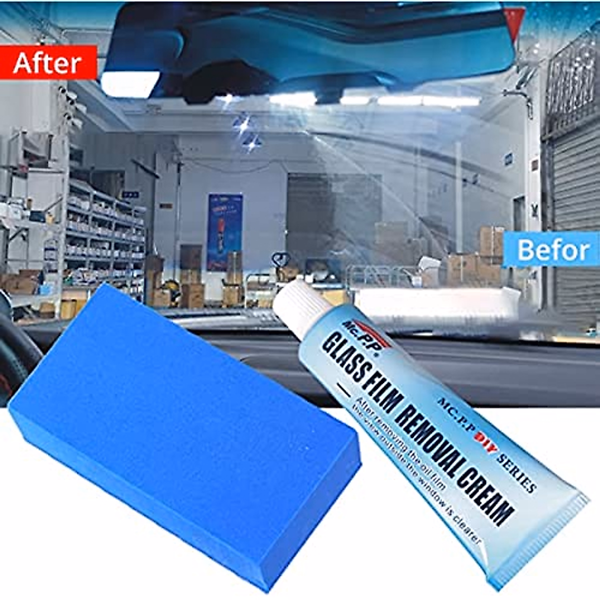 WOSLXM Car Glass Oil Film Cleaner, Glass Film Removal Cream with Sponge, Car Windshield Cleaner Oil Film Remover Glass Stripper Water Spot Removing Paste (1PCS)