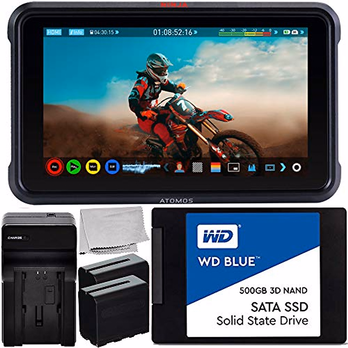 Atomos Ninja V 5" 4K HDMI Recording Monitor with WD Blue 500GB Sata SSD Essential Bundle – Includes: 2X Rechargeable Lithium-Ion Battery + Battery Charger + Microfiber Cleaning Cloth