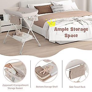 BABY JOY Portable Baby Changing Table, Foldable Diaper Changing Station with Wheels, Adjustable Height, Large Storage Rack, Trash Can, Mobile Nursery Organizer for Newborn Infant (Beige)