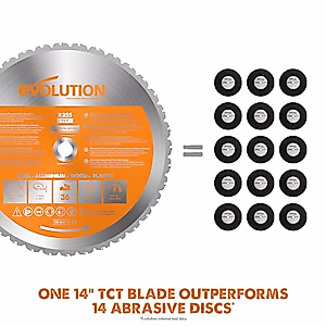 Evolution Power Tools R355CPS 14-Inch Chop Saw Multi Purpose, Multi-Material Cutting Cuts Metal, Plastic, Wood & More Miter Cut up to 45˚ Degrees TCT Blade Included