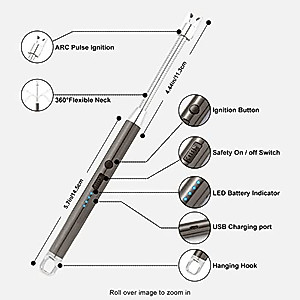 Candle Lighter，Electric Lighter USB Rechargeable arc Plasma Lighter with LED Battery Display Safety Switch Power Indicator,Longer Flexible Neck for Camping Candle Cooking BBQs Fireworks