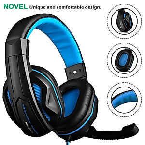 Gaming Headset,3.5mm Wired Bass Stereo Noise Isolation Gaming Headphones with Mic for Laptop Computer, Cellphone, Volume Control (Black and Blue)