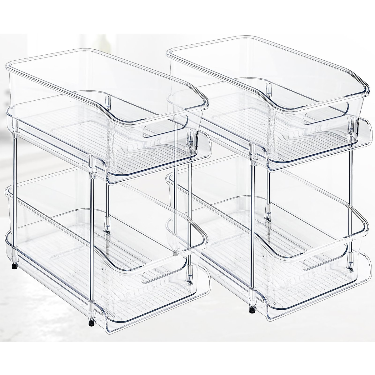 JUPELI Clear Bathroom Organizer, 2 Tier Pull Out Kitchen Closet Undersink Organization and Storage Bins, Convenient and Durable Cabinet Organizer for Snack Spice Jar Medicine and Cosmetics, 2pack