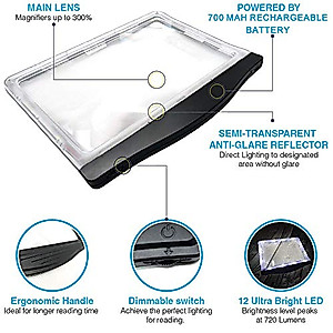 [Rechargeable] 3X Large Ultra Bright LED Page Magnifier with 12 Anti-Glare Dimmable LEDs (More Evenly Lit Viewing Area & Relieve Eye Strain)-Ideal for Reading Small Prints & Low Vision…