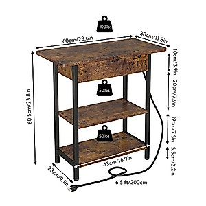 Yusong Narrow End Table with Charging Station, Slim Couch Side Table with USB Ports & Outlets, Flip-top Nightstand Bedside Table with 3 Shelves for Small Space in Living Room Bedroom,Brown