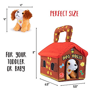 Plush Creations Talking Plush Dog House Carrier with 4 Soft & Cuddly, Talking & Barking, Stuffed Plush Dogs. Excellent Interactive and Educational Plush Toy Set. Great Gift for Kids Toddlers & Babies