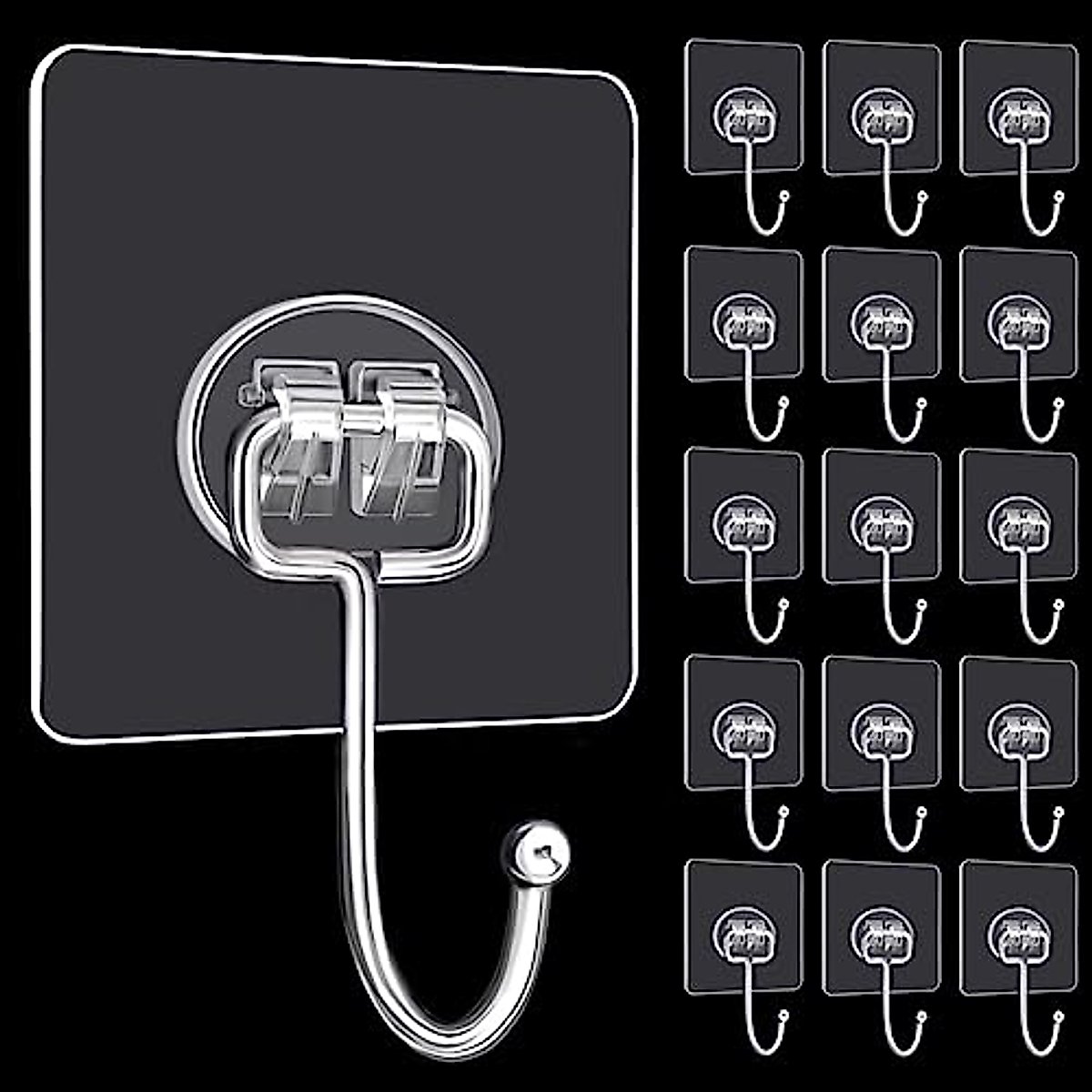 DKHDBD Large Adhesive Hooks, 16-Pack Hold 44lb(Max) Heavy Duty Sticky Hooks, Waterproof Transparent Hooks for Hanging, Self-Adhesive Traceless Clear Wall Hooks to Use for Keys Robe & Towel