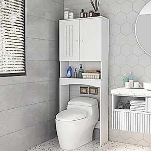 MIRACOL Over Toilet Storage Cabinet - 61.8" Tall with Adjustable Shelf Double Doors Freestanding Bathroom Cabinets Rack - Bathroom Storage Space Saver Organizer White