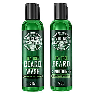 Viking Revolution Tea Tree Oil Beard Wash and Beard Conditioner For Men - Natural Beard Softener Set with Argan Oil, Vitamin E and Ginseng - Tea Tree Beard Shampoo and Conditioner Set (5 Oz)