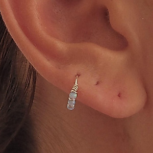 Handmade Silver Single 10MM Cartilgae Helix Piercing Hoop Earring with Trio Blue Opal, 925 Sterling Silver Very Small 10MM Thin 22Gauge Hoop for women, By Miya Jewelry