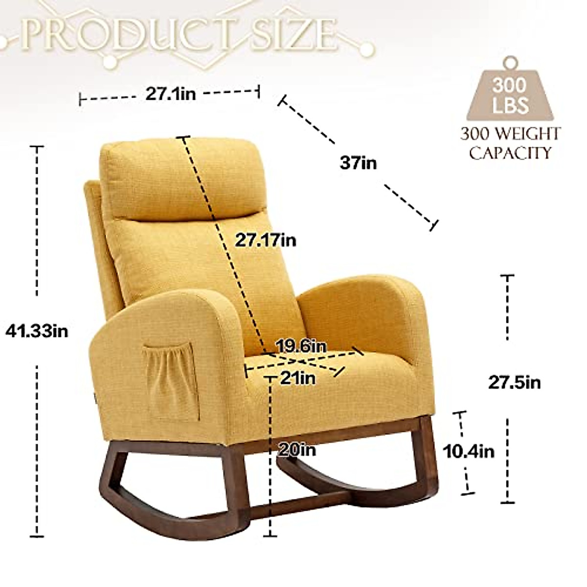 KINFFICT Comfy Rocking Chair, Upholstered Accent Glider Rocker for Baby Nursery or Relaxation, Living Room Armchair with High Back and Headrest, Modern Rocking Glider with Side Pocket, Yellow