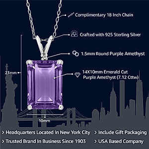 Gem Stone King 7.12 Cttw Purple Amethyst Pendant Necklace For Women In 925 Sterling Silver | Gemstone February Birthstone | Emerald Cut 14X10MM | With 18 Inch Silver Chain