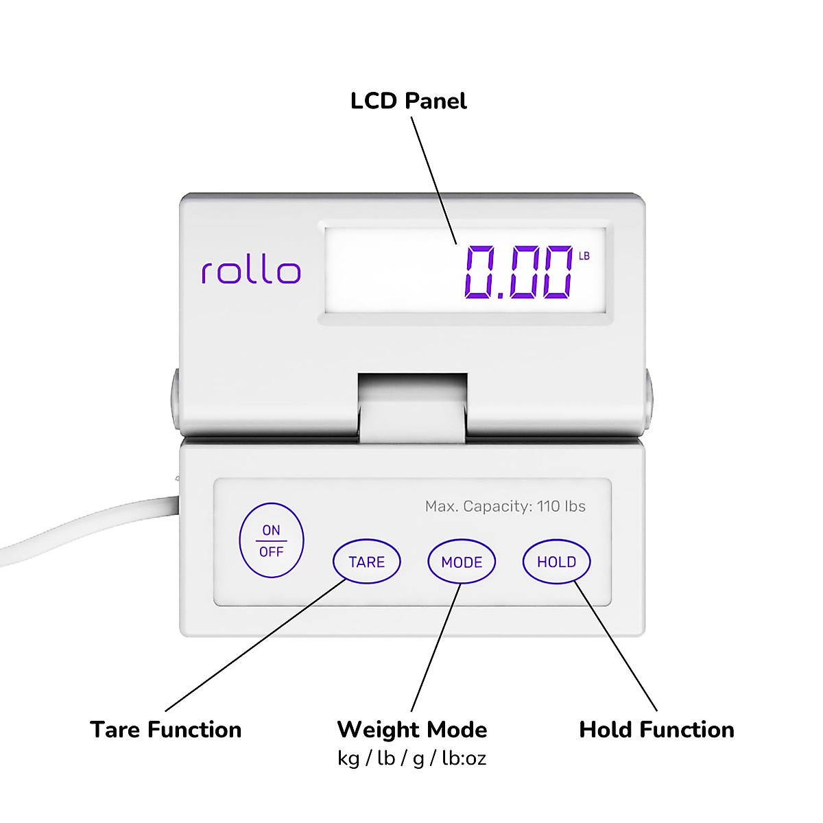 Rollo Shipping Scale for Packages - Digital Shipping Postal Scale (110 Lb Max) - Hold and Tare Functions - Includes AC Adapter and 2X AAA Batteries