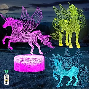 Comforhous 3D Unicorn Night Light for Girls Room, 3-Patterns and Timing Function, 7 Color Changes and Remote Control, Illusion LED Night Lamp Toys Gifts for Girls Kids 3 4 5 6 7 8 9 Years