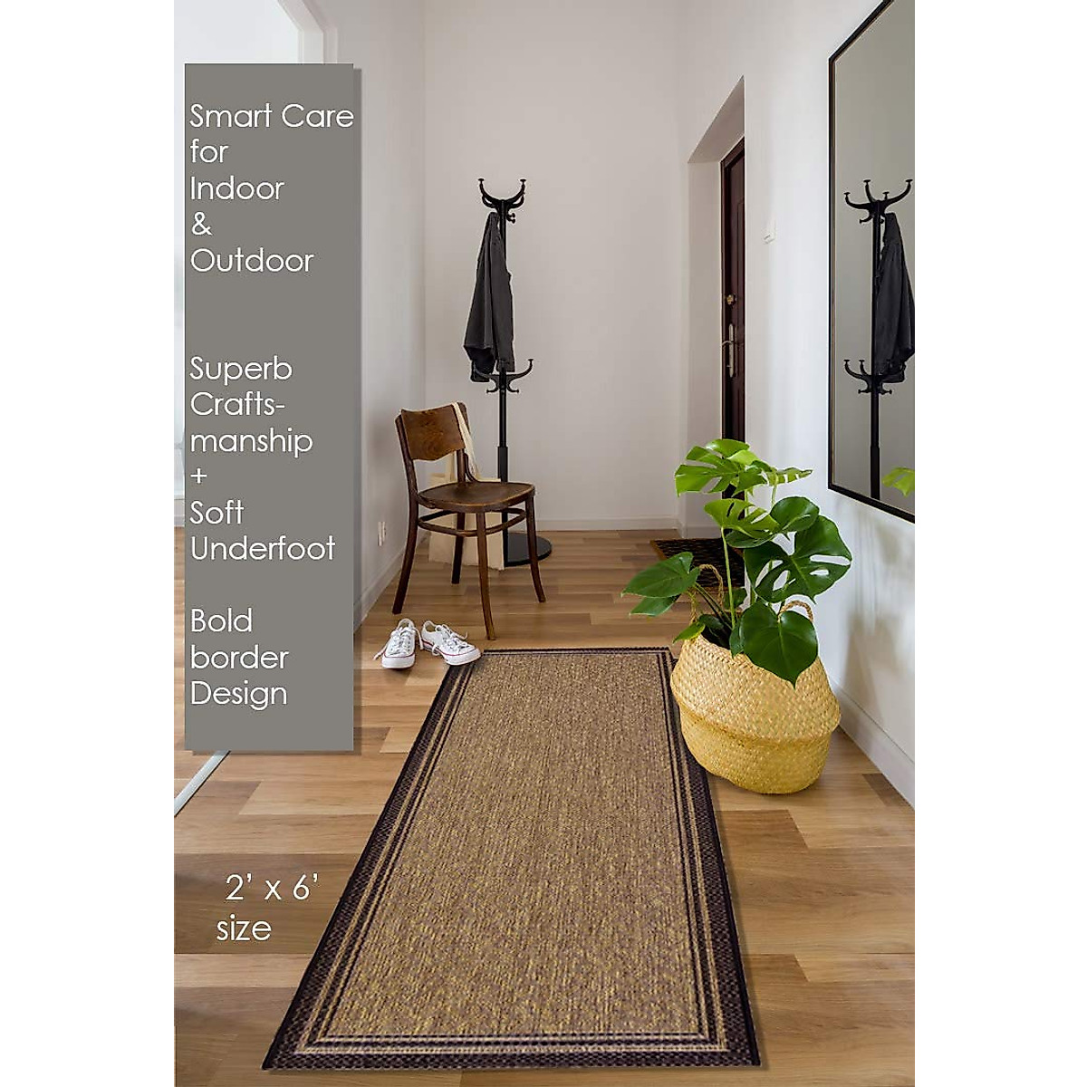 Gertmenian Indoor Outdoor Classic Flatweave Area Rug, Stain & UV Resistant Carpet, Deck, Patio, Poolside & Mudroom, 2x6 Ft Runner, Simple Border, Black Tan, 22013