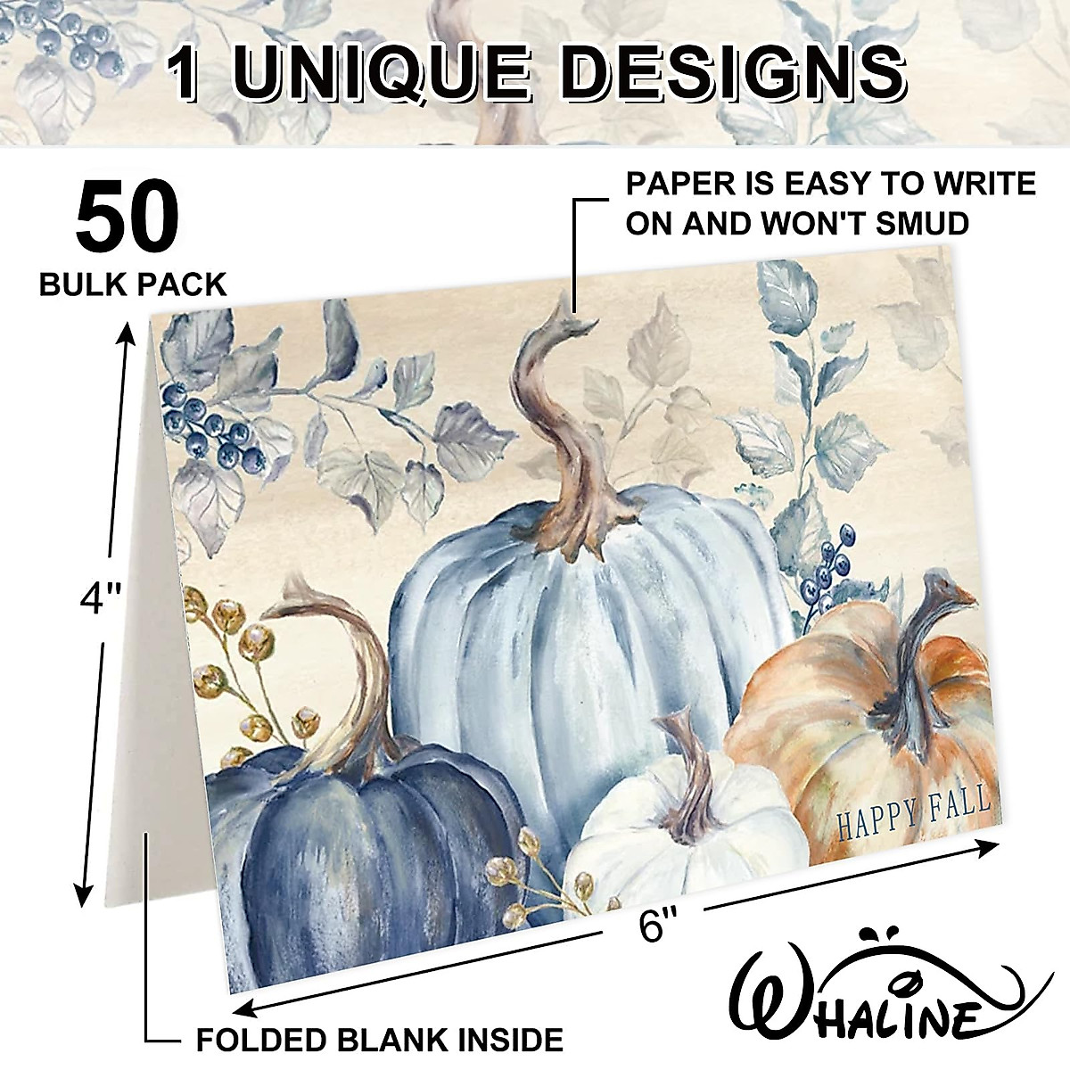 Whaline 50 Pack Fall Thank You Cards Bulk Boxed Vintage Blue Pumpkin Greeting Cards with Envelope Sticker Blank Note Cards for Autumn Thanksgiving Wedding, 4 x 6 Inch
