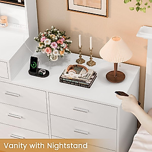 Quimoo 65.9'' Vanity Desk with LED Lighted Mirror & Power Outlet, Modern Corner Makeup Vanity Table with 8 Drawers & Open Shelves, Dressing Table for Bedroom, Makeup Room