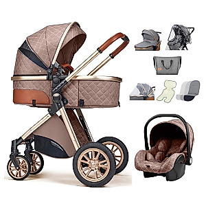 Shock Spring Stroller Compact 2 in 1 Infant Pram Baby Buggy|Folding|Adjustable Seat for Infant,Lightweight Pushchair Pram Stroller for 0-3 Years Kids (Color : Brown)