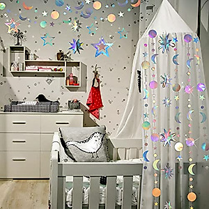 7 Pcs Iridescent Moon Star Garland Streamer, Bling Bling 3D Twinkle Little Stars Hanging Decor Backdrop for Baby Shower Birthday Graduation Eid Mubarak Party Decoration