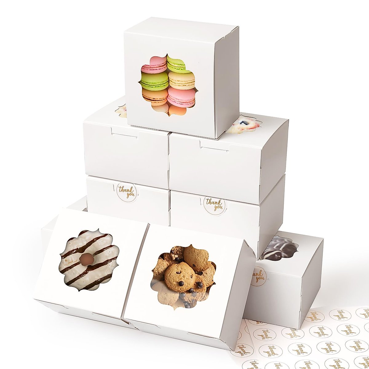 Shallive 4-Inch Small Cookie Boxes 50 Pcs White - Bakery Treat Boxes with Window for Gifting, To-go Containers for Cake Slice, Macarons, Donuts 4x4x2.5