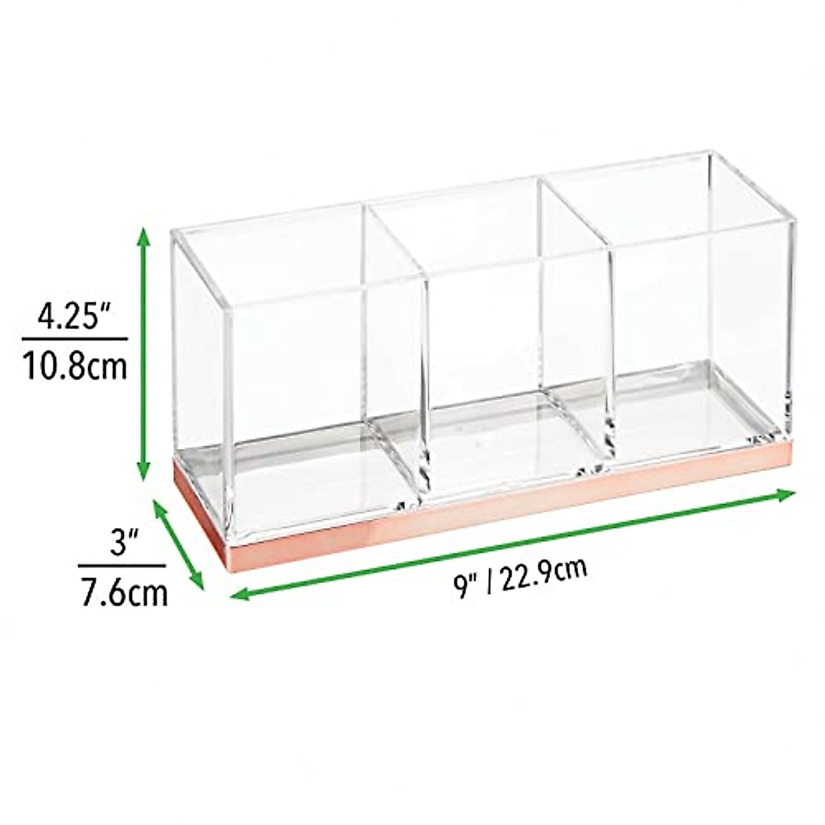 mDesign Plastic Makeup Organizer Caddy Bin with 3 Sections for Bathroom Vanity Countertops or Cabinet: Stores Makeup Brushes, Eye and Lip Pencils, Lipstick, Lip Gloss, Concealers - Clear/Rose Gold