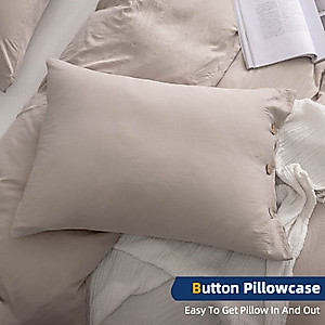 Argstar Khaki Button Duvet Cover Set Queen Size with Extra 2 Pillowcases (20''x26'')