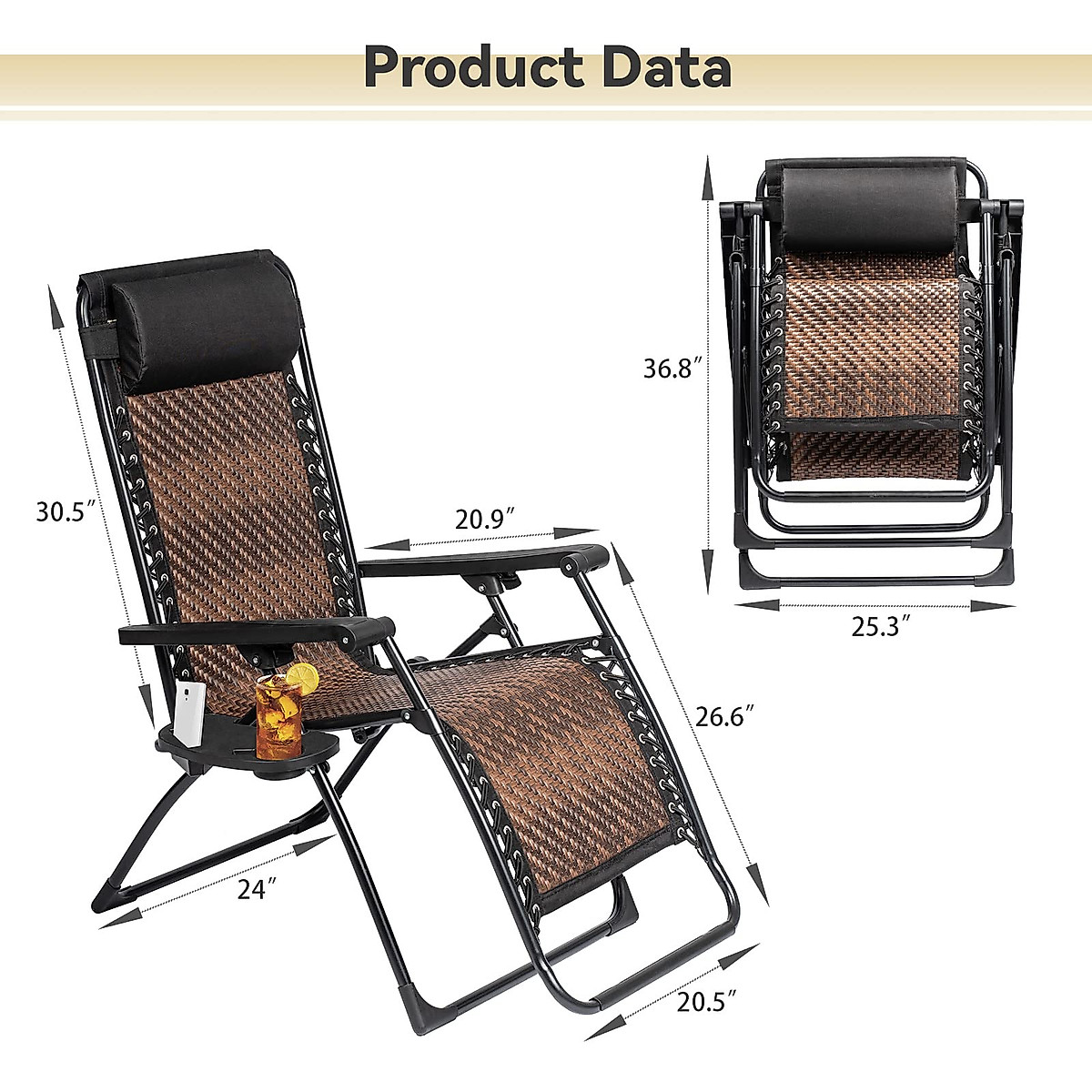 Incbruce Zero Gravity Folding Recliner Chair, Adjustable Patio Lounge Chaise, Outdoor Wicker Rattan Furniture with Cup Holder and Pillow for Poolside, Yard, Beach (Brown)