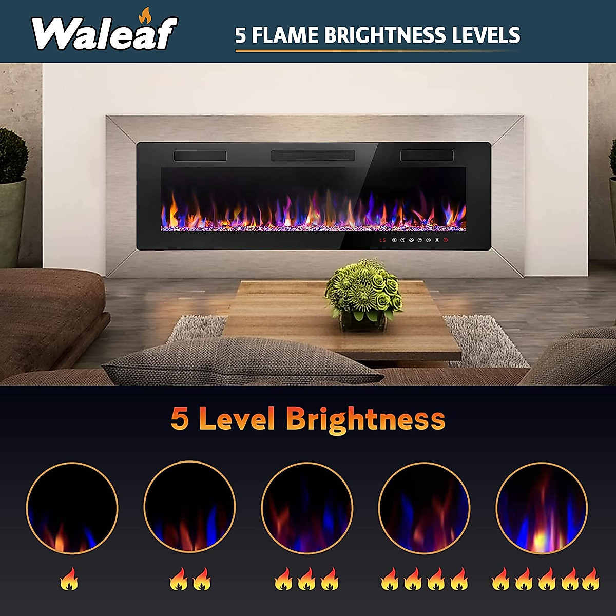Waleaf 60 inch Ultra-Thin Electric Fireplace Wall Mounted and Recessed,Fireplace Heater with Multicolor Flame fit for 2 x 4 and 2 x 6 Stud, Remote Control Touch Screen,Timer,Low Noise,750/1500W