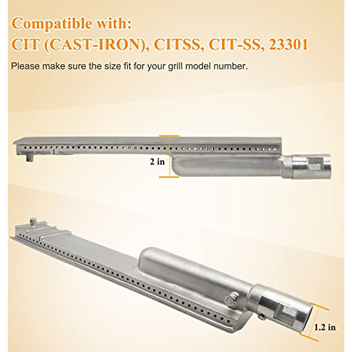 Cast Stainless Steel Grill Burner Replacement(4 PCS), SS304 Heavy Duty Outdoor BBQ Gas Grill Burners, Compatible with CIT CITSS CIT-SS 23301 Aussie Bull Jenn-Air Nexgrill TURBO(5-Year Warranty)