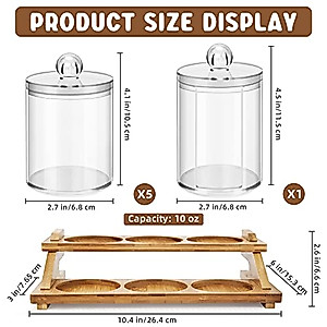 OTVAFAVA 6 Pack of 10 oz Apothecary Jars Bathroom Vanity Storage Organizer with Bamboo Tray and Labels - Qtip Holder Dispenser Canister Clear Plastic Acrylic Jar for Cotton Ball, Cotton Swab, Cotton Rounds, Floss