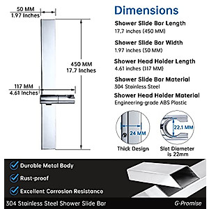 G-Promise No Drilling Metal Shower Slide Bar with Height and Angle Adjustable Handheld Shower Head Holder |Strong Adhesive Disc Mount or Wall-Mounted (Chrome)