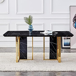 Goderfuu Black Marble Dining Table for 8 People - 71 inch Modern Kitchen Dining Room Table with Gold Base, Faux Marble Dining Table Pedestal Table Dinner Table, Large Marble Table for Dining Room