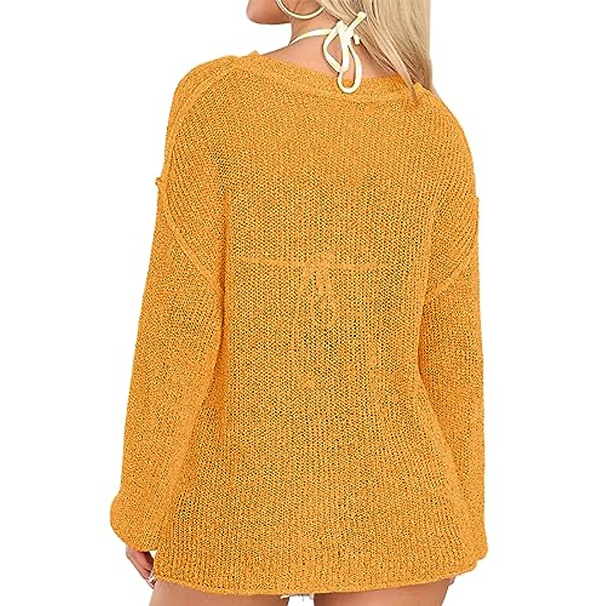 Danedvi Womens Long Sleeve Oversized Sweater Tops Crewneck Ribbed Knit Pullover See Through Lightweight Crochet Jumper Orange