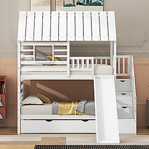 MERITLINE Twin Over Twin Bunk Bed with Stairs and Storage, Kids House Bunk Bed with Slide,Twin Bunk Bed with Trundle for Girls Boys, White