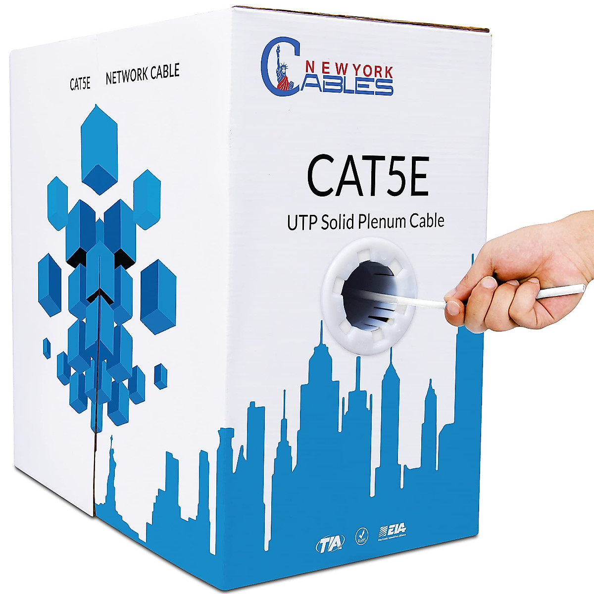 NewYork Cables - Cat5e Plenum Cable 1000ft (CMP) - 100% Solid Bare Copper -100 MBit/s 350 MHz Unshielded Twisted Pair (UTP) Cat 5e Ethernet Cables