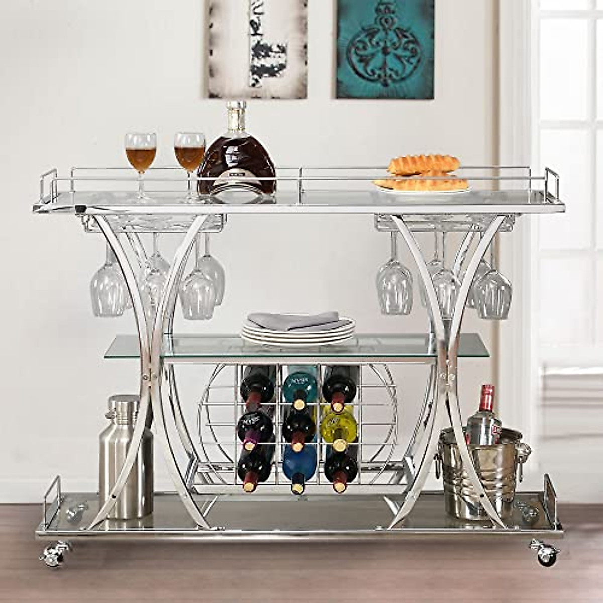 RARZOE Bar Serving Cart with Glass Holder&Wine Rack, Mobile Kitchen Serving Cart Wine Cart, 3-Tier Kitchen Trolley with Tempered Glass Shelves&Sliver-Finished Metal Frame for Home Dining Room(Silver)