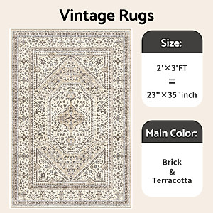 Puino Washable Entryway 2x3 Rug: Small Boho Rugs for Indoor Entrance Non Slip Backing Stain Resistant Carpet Low Pile Throw Rugs for Bedroom Bedside Inside Front Door Floor Kitchen Decor(Beige,2x3FT)