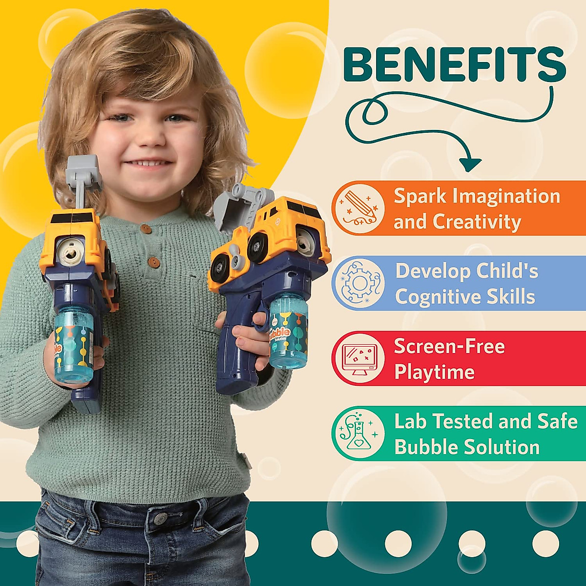 2 Bubble Gun incl 4 Bubble Solutions for Toddlers 3-5 Yrs | STEM Take Apart Bubble Toy | Summer Outdoor Toys for Kids Ages 3-5 | Bubble Blower / Blaster | Bubble Machine