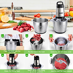 Qinkada Meat Grinder with 2 Stainless Steel Bowls, 500W Electric Food Processors, 3 Speed, 4 Bi-Level Bladesand Spatula for Baby Food, Meat, Onion, Vegetables, Fruits