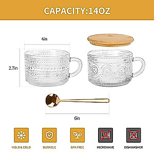 LUECMO Vintage Coffee Tea Cups [4 Pack], 14 oz Glass Tea Coffee Mugs, Clear Embossed Glass Cups for Cappuccino, Latte,Cereal, Yogurt, Beverage (2 sunflower + 2 raindrops)