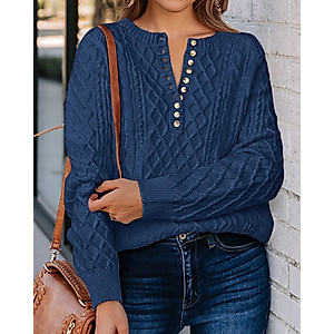 KIRUNDO Womens Sweaters 2024 Fall Winter Henley Long Sleeve Button Crew Neck Cable Knit Loose Cropped Sweater Pullover(Blue, Medium)